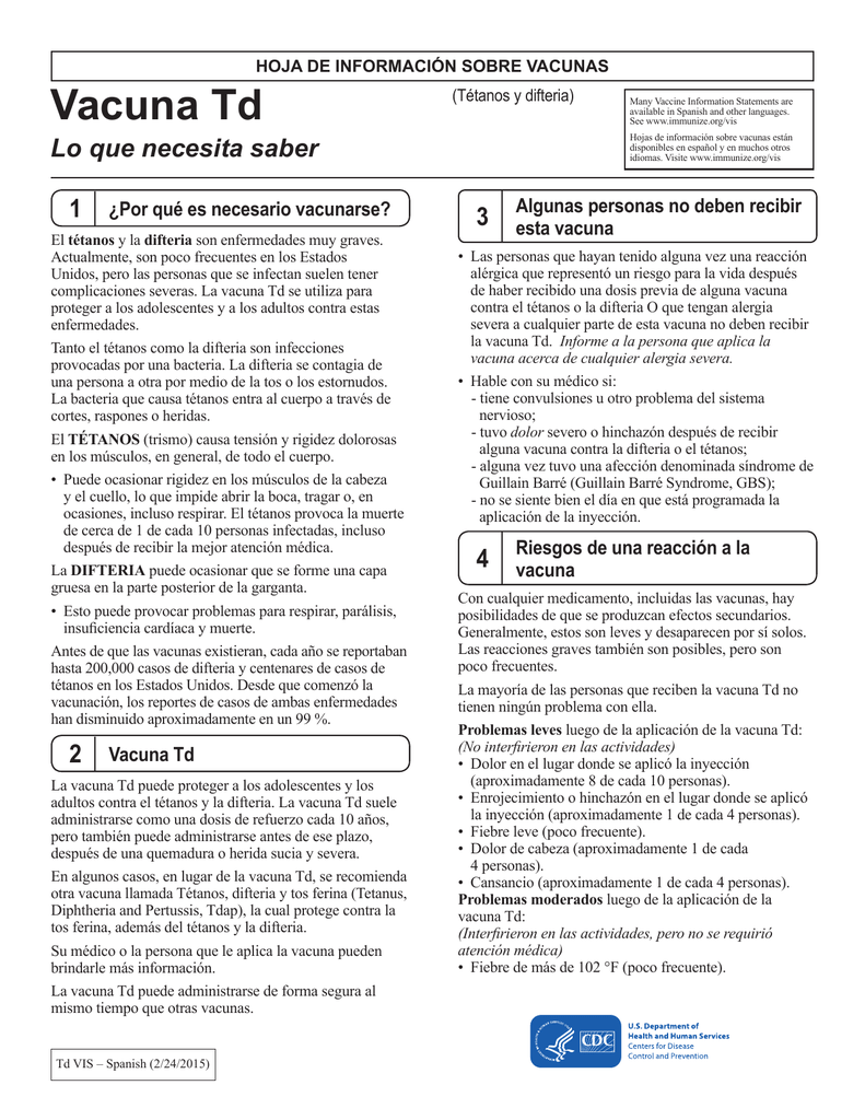 Vacuna Td HOJA DE INFORMACIÓN SOBRE VACUNAS ( Tétanos y difteria)