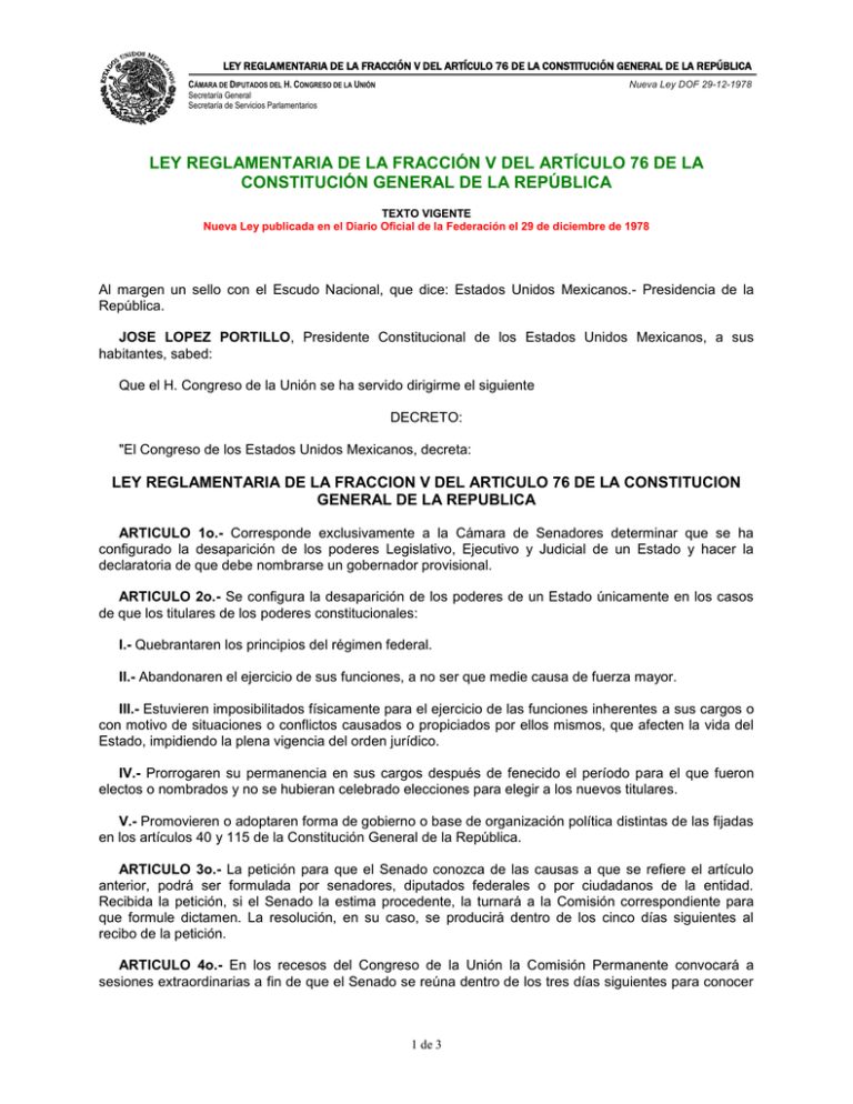 LEY REGLAMENTARIA DE LA FRACCIÓN V DEL ARTÍCULO 76 DE... CONSTITUCIÓN ...