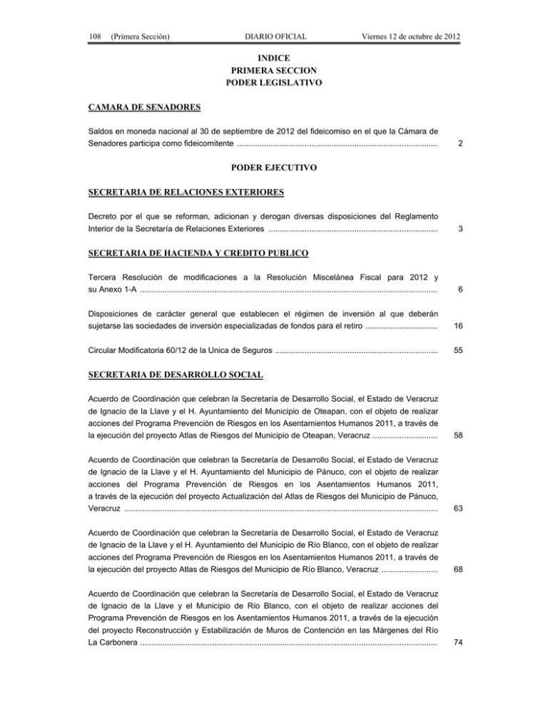INDICE PRIMERA SECCION PODER LEGISLATIVO CAMARA DE SENADORES