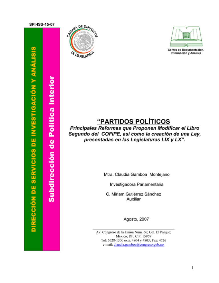 “PARTIDOS POLÍTICOS. Principales Reformas que Proponen Modificar el ...