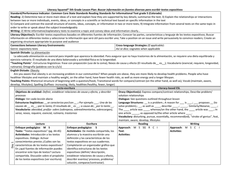 5th Grade Expository Writing 5 Day Lesson Plan