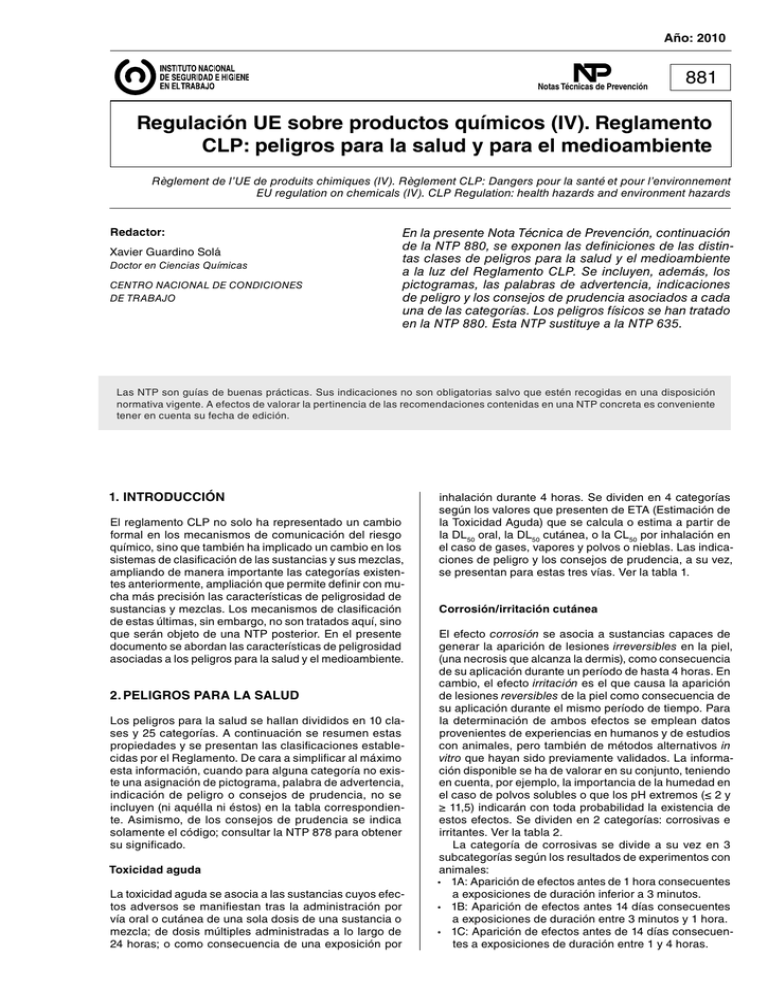 Nueva ventana:NTP 881: Regulación UE sobre productos químicos (IV). Reglamento CLP: peligros ...