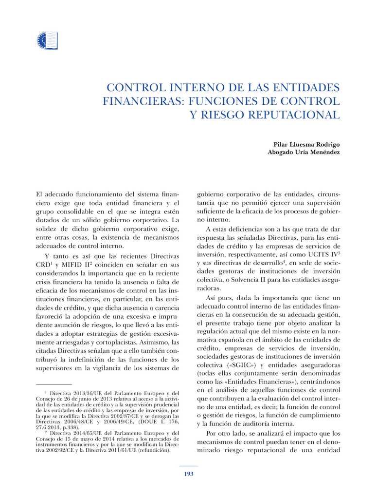 Control interno de las entidades financieras: funciones de control y ...
