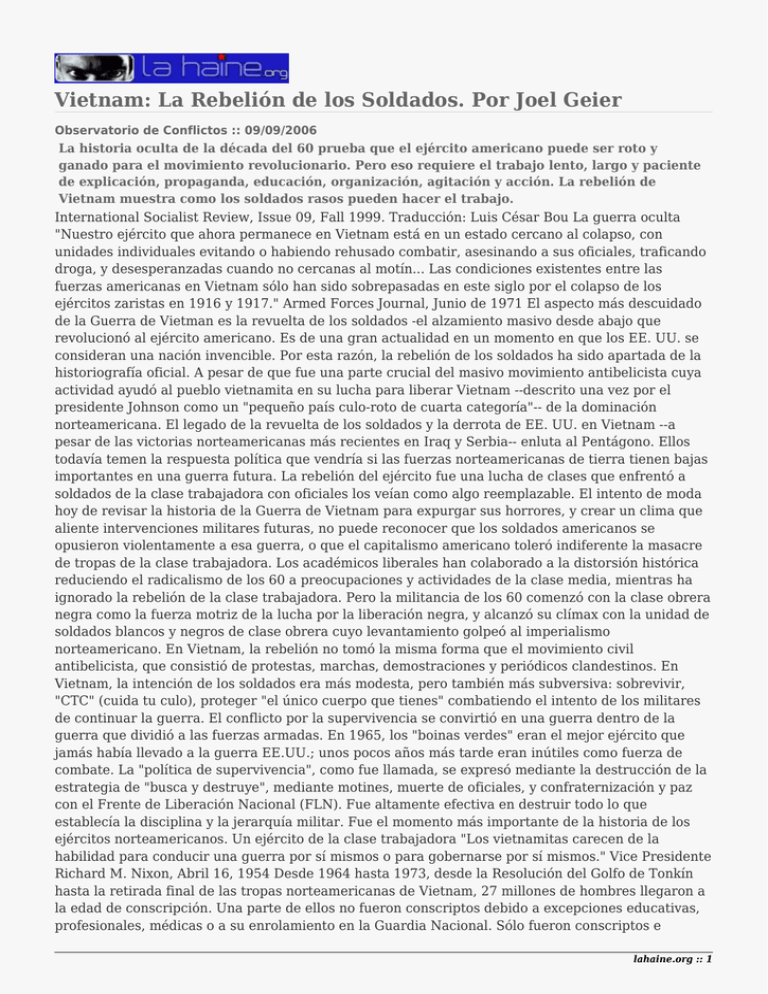 Vietnam: La Rebelión de los Soldados. Por Joel Geier