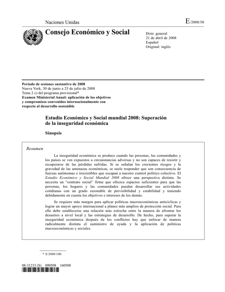 Estudio Econ mico y Social mundial 2008 Superaci n de la inseguridad econ mica