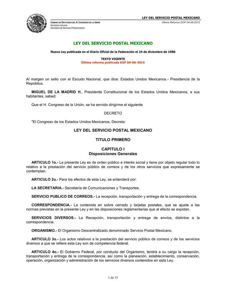 LEY DEL SERVICIO POSTAL MEXICANO
