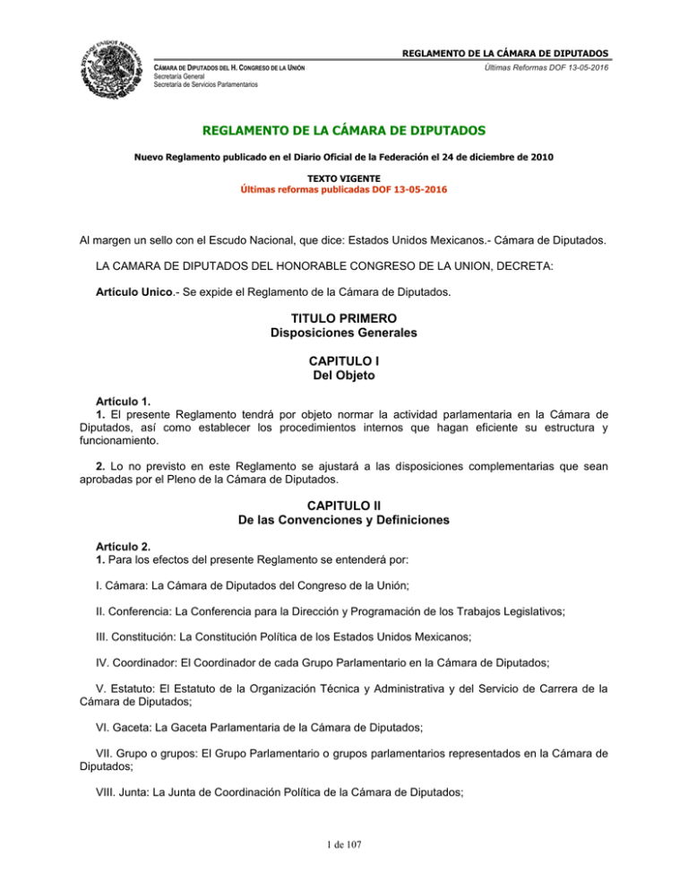 REGLAMENTO DE LA CÁMARA DE DIPUTADOS