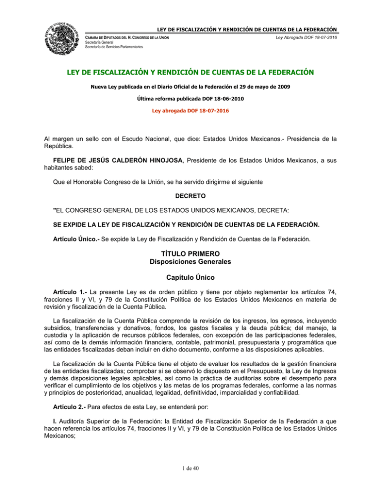 LEY DE FISCALIZACIÓN Y RENDICIÓN DE CUENTAS DE LA FEDERACIÓN