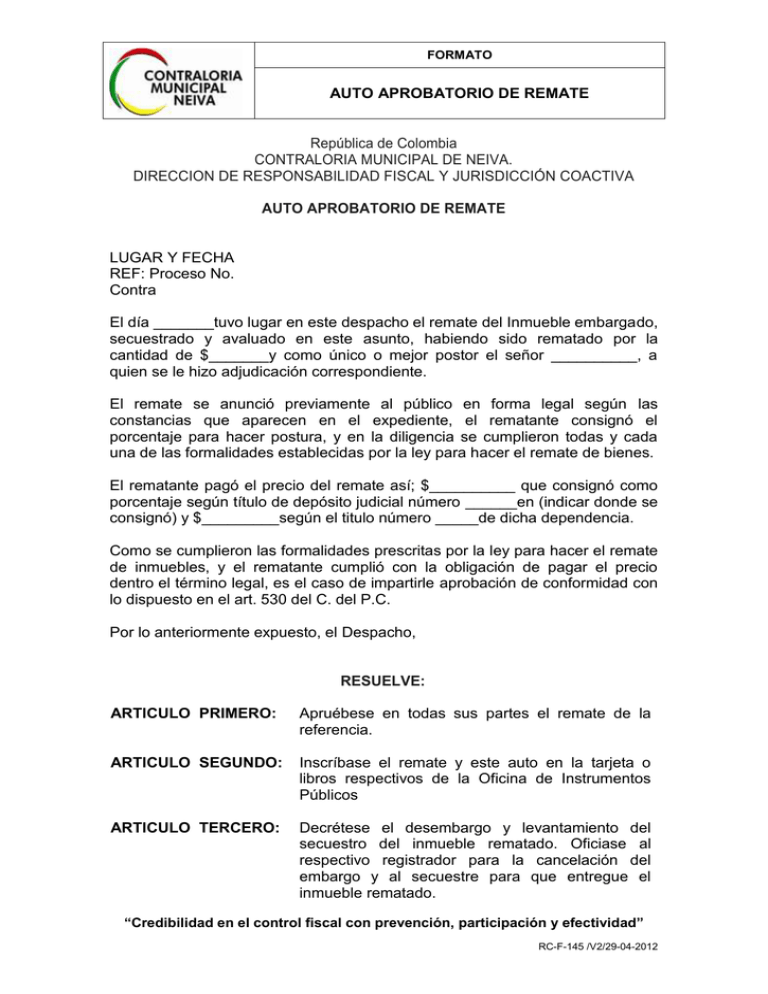 RC-F-145 AUTO APROBATORIO DE REMATE