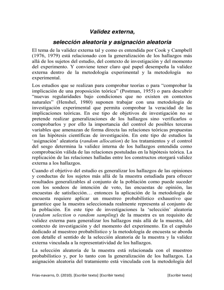 Validez externa, selección aleatoria y asignación aleatoria