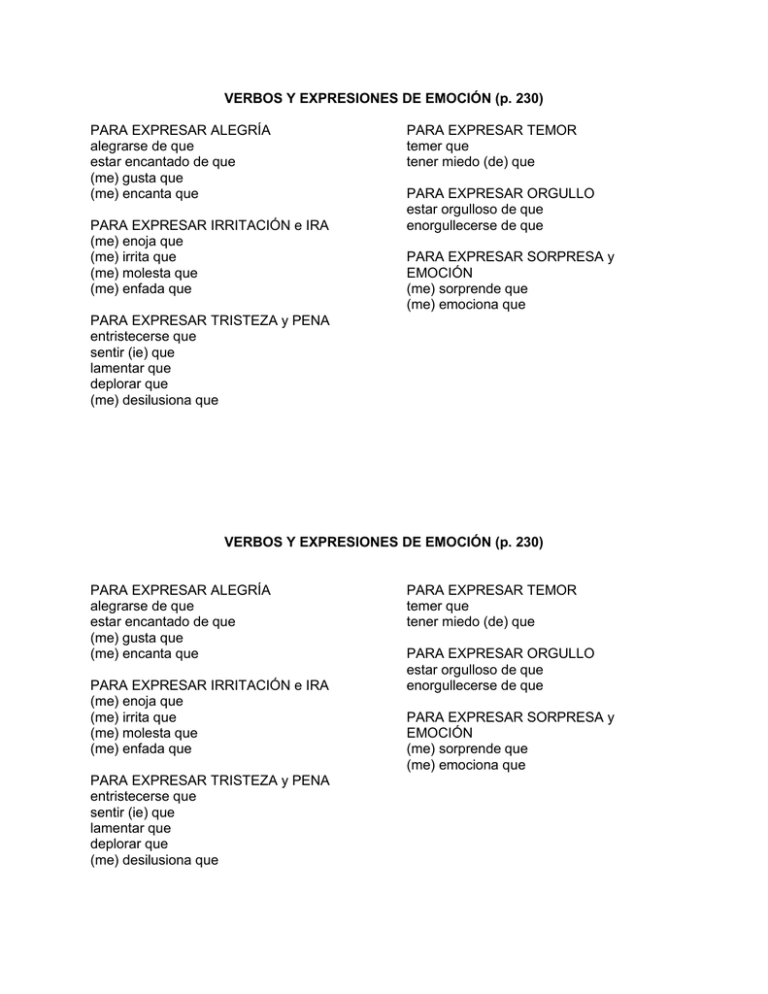 VERBOS Y EXPRESIONES DE EMOCIÓN (p. 230) PARA