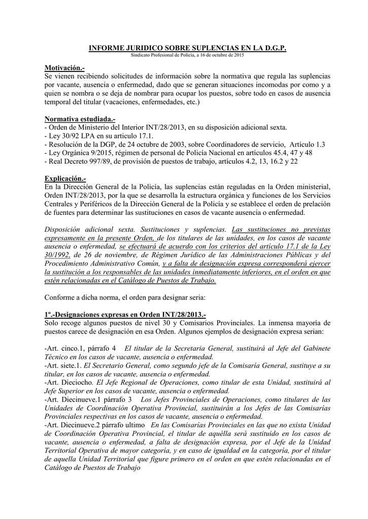 Informe Jurídico sobre suplencias en la D.G.P. Informe Jurídico sobre suplencias en la D.G.P.