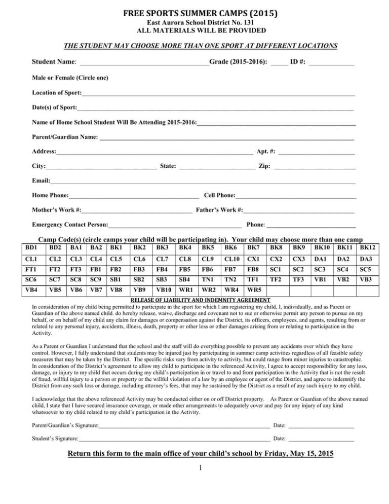 East Aurora Summer Football Camp Registration Form