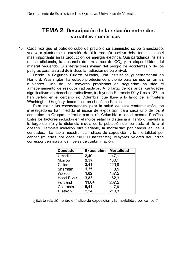 TEMA 2. Descripción de la relación entre dos variables numéricas