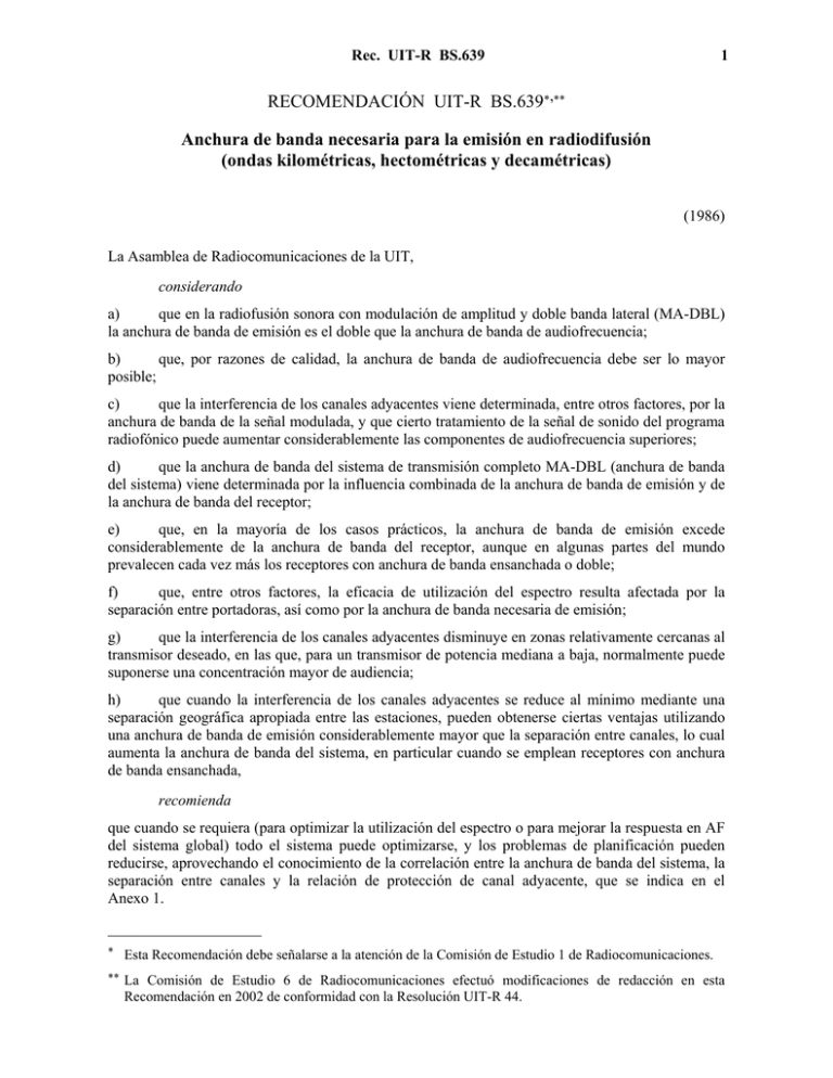 RECOMENDACIÓN UIT-R BS.639 - Anchura de banda necesaria