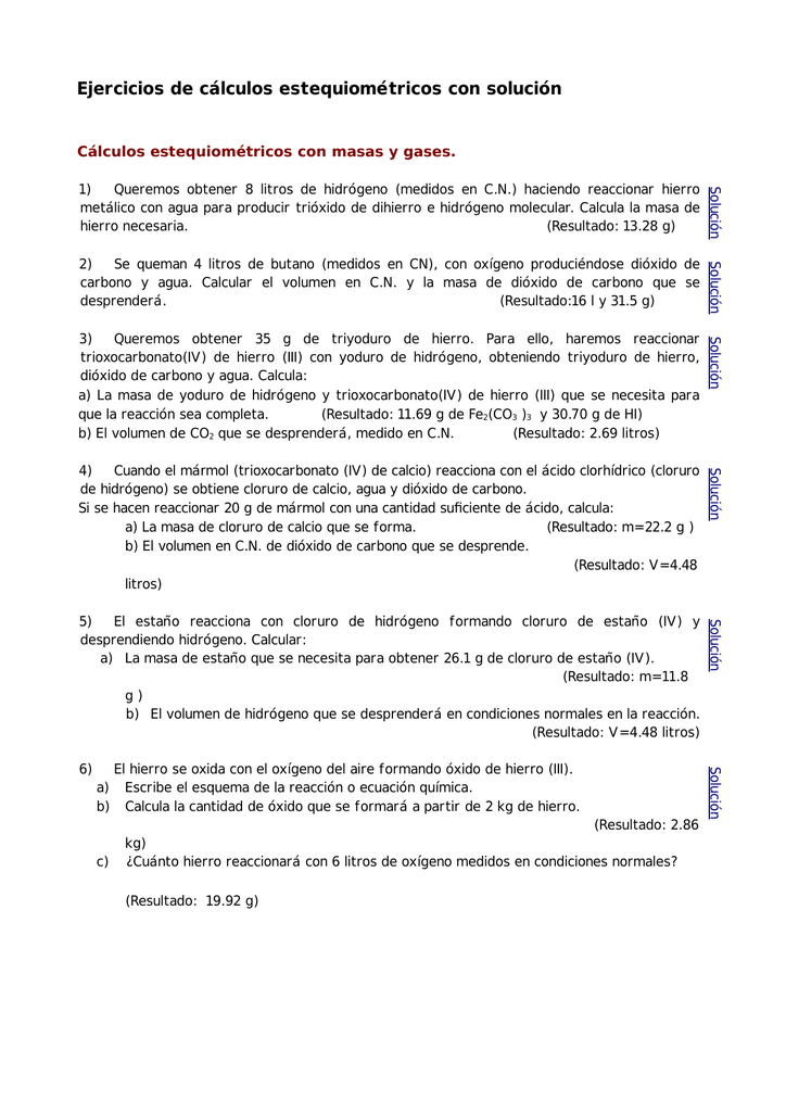 Ejercicios de cálculos estequiométricos con solución