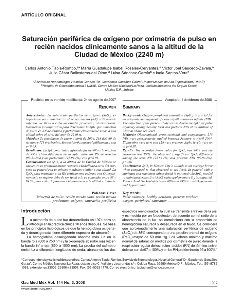 Saturación periférica de oxígeno por oximetría de pulso en recién