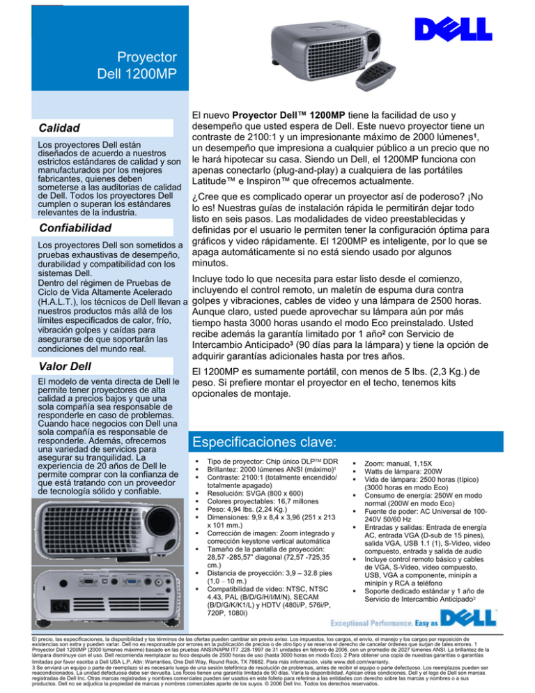 Proyector Dell 1200MP Especificaciones clave: