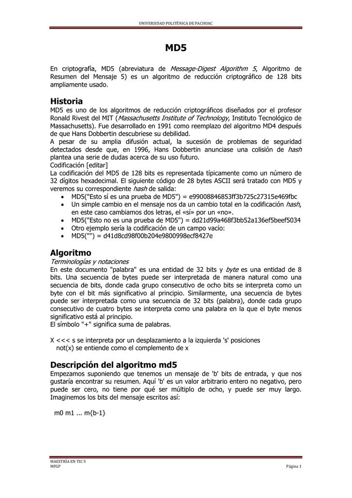 Historia Algoritmo Descripción del algoritmo md5