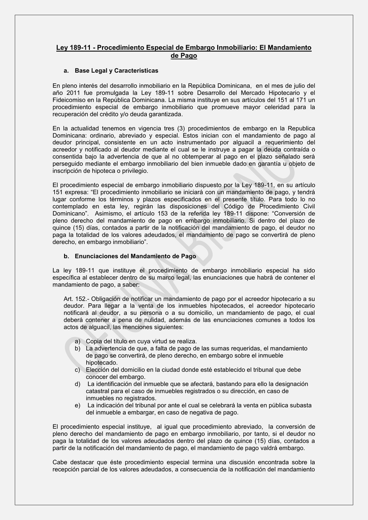 Ley 189-11 - Procedimiento Especial de Embargo Inmobiliario: El