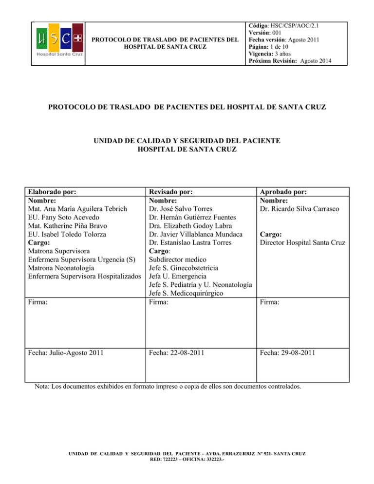 Traslado De Paciente - hospital santa cruz
