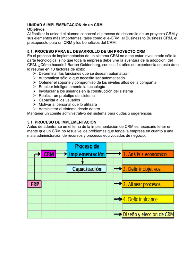 UNIDAD 5.IMPLEMENTACIÓN de un CRM Objetivos Al finalizar la