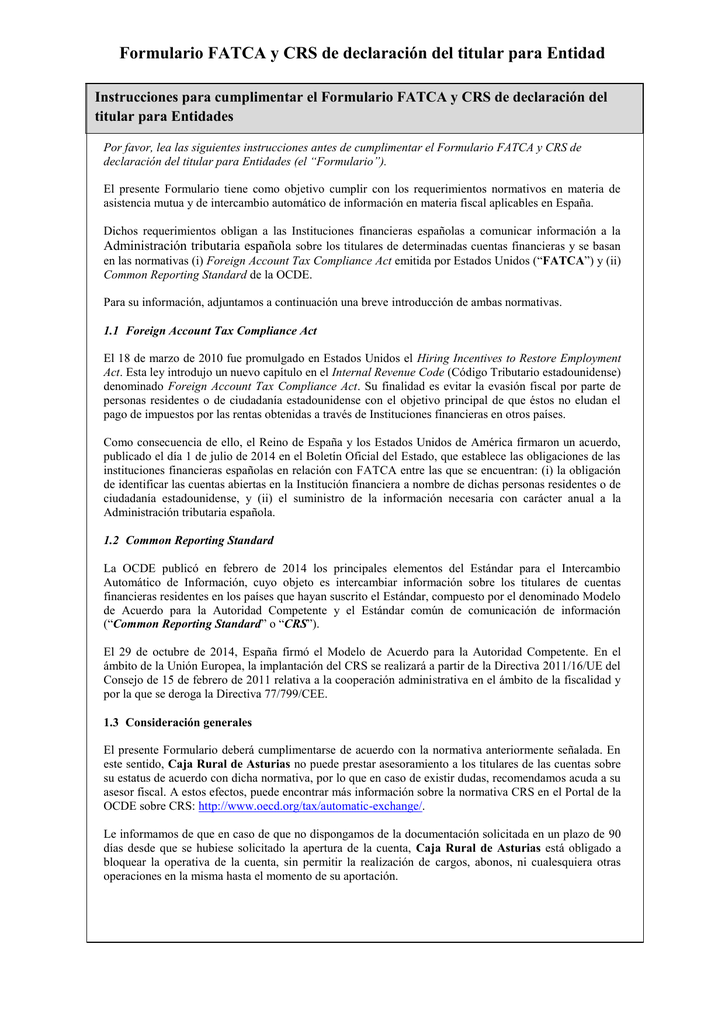Formulario FATCA y CRS de declaración del titular para Entidad