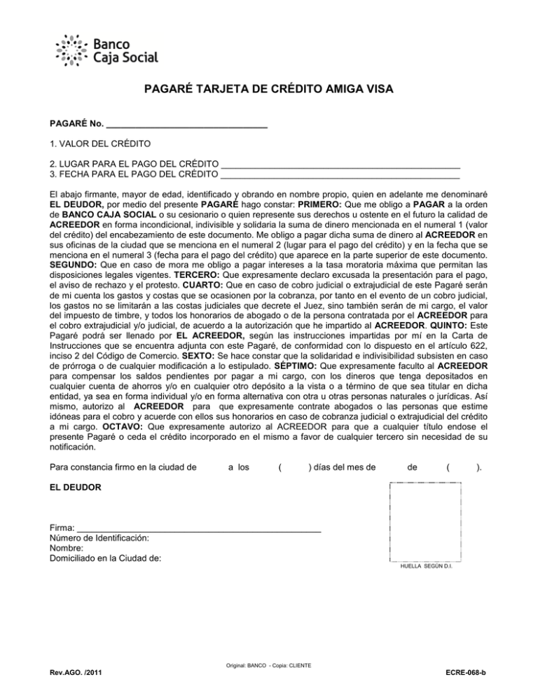 Pagaré Carta de Instrucciones y Reglamento Tarjeta de Crédito