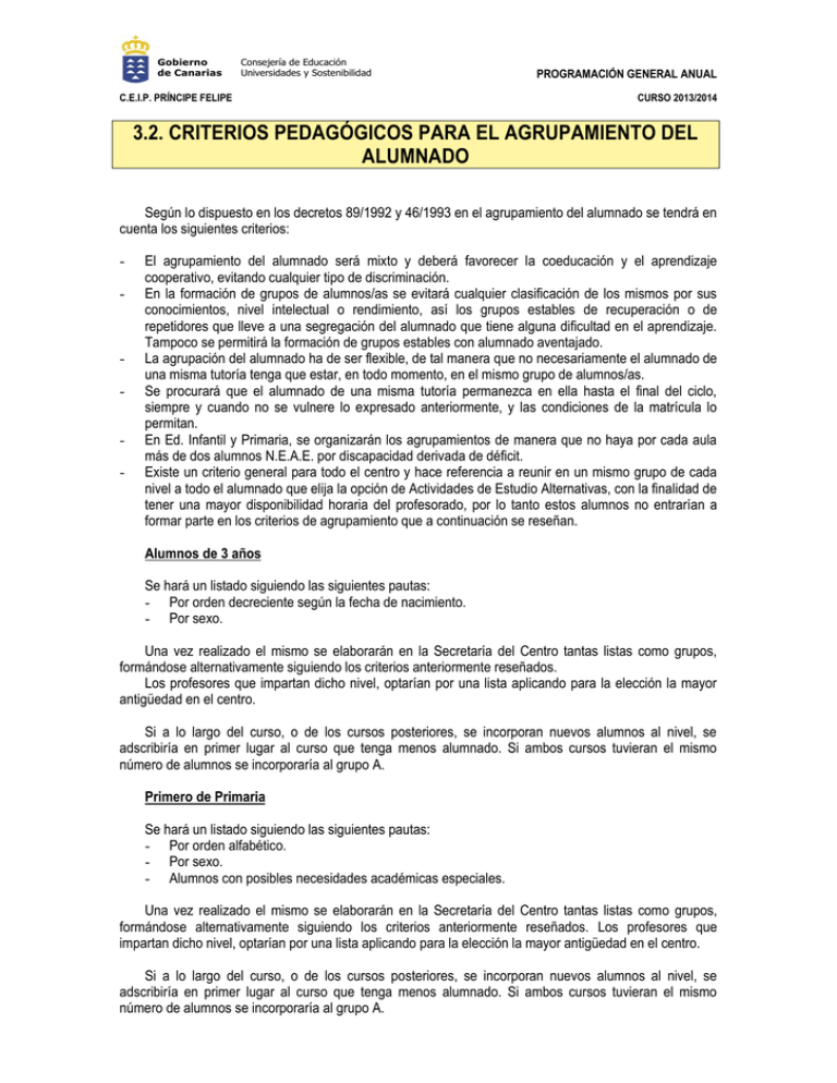 3.2. criterios pedagógicos para el agrupamiento del alumnado 3.2. criterios pedagógicos para el agrupamiento del alumnado