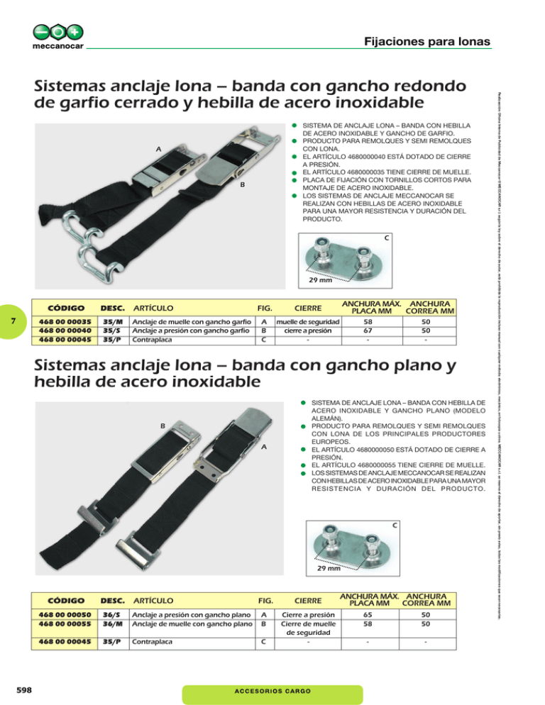 Sistemas anclaje lona – banda con gancho redondo de garfio