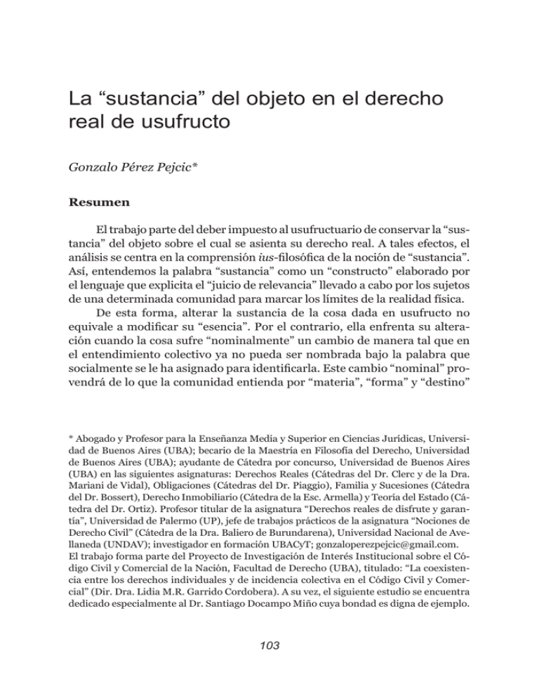 La “sustancia” del objeto en el derecho real de usufructo