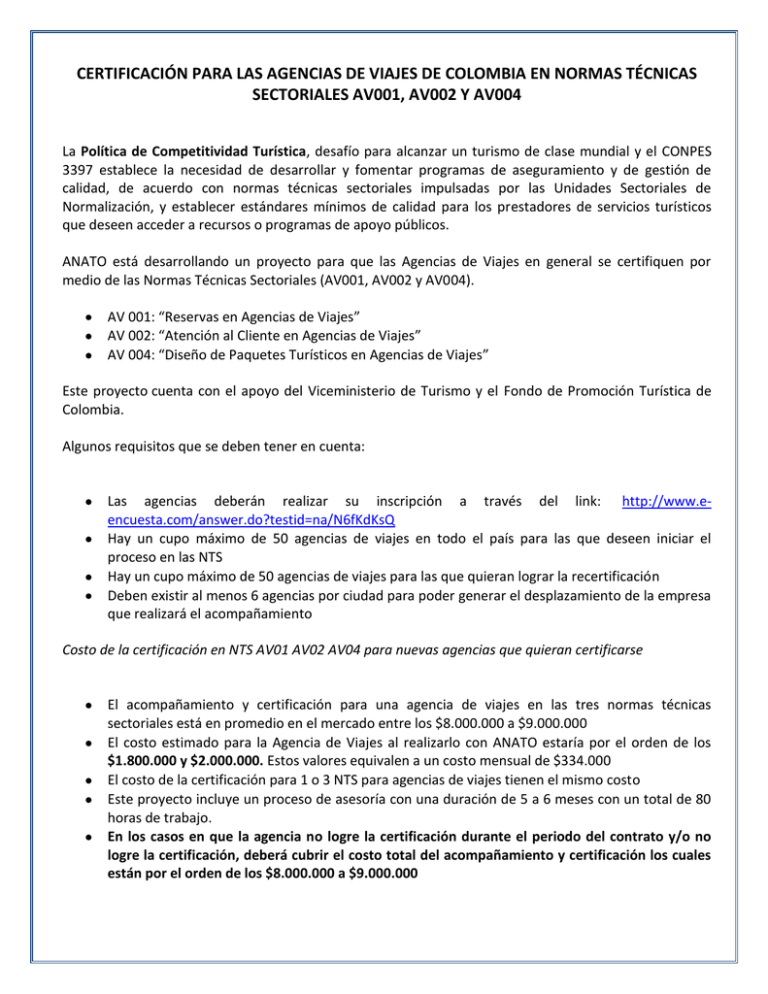 certificación para las agencias de viajes de colombia en