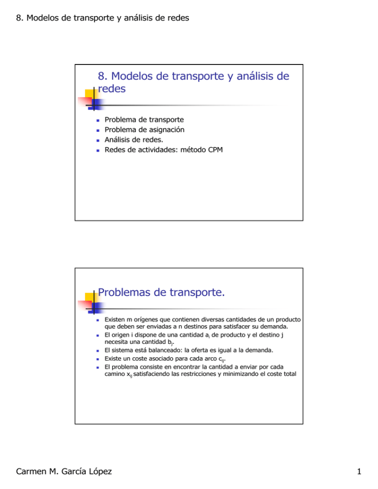 8. Modelos de transporte y análisis de redes Problemas de transporte.