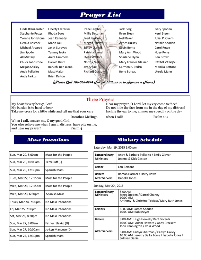 Prayer List Mass Intentions