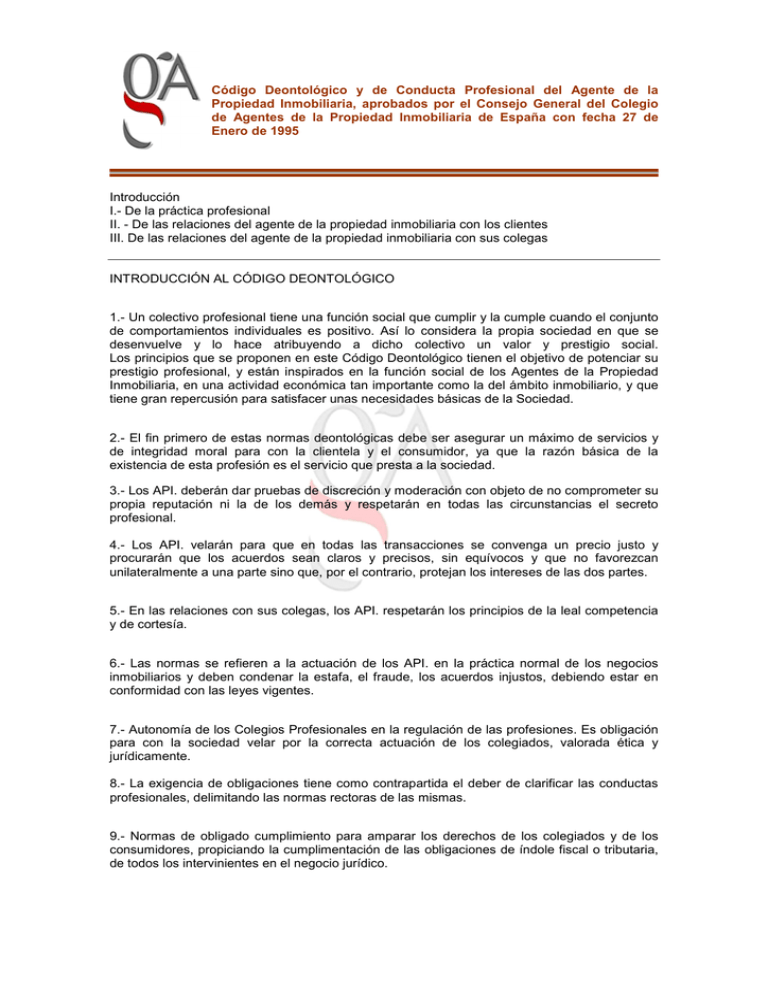 Código Deontológico y de Conducta Profesional del Agente de la