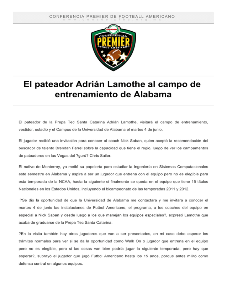 El pateador Adrián Lamothe al campo de entrenamiento