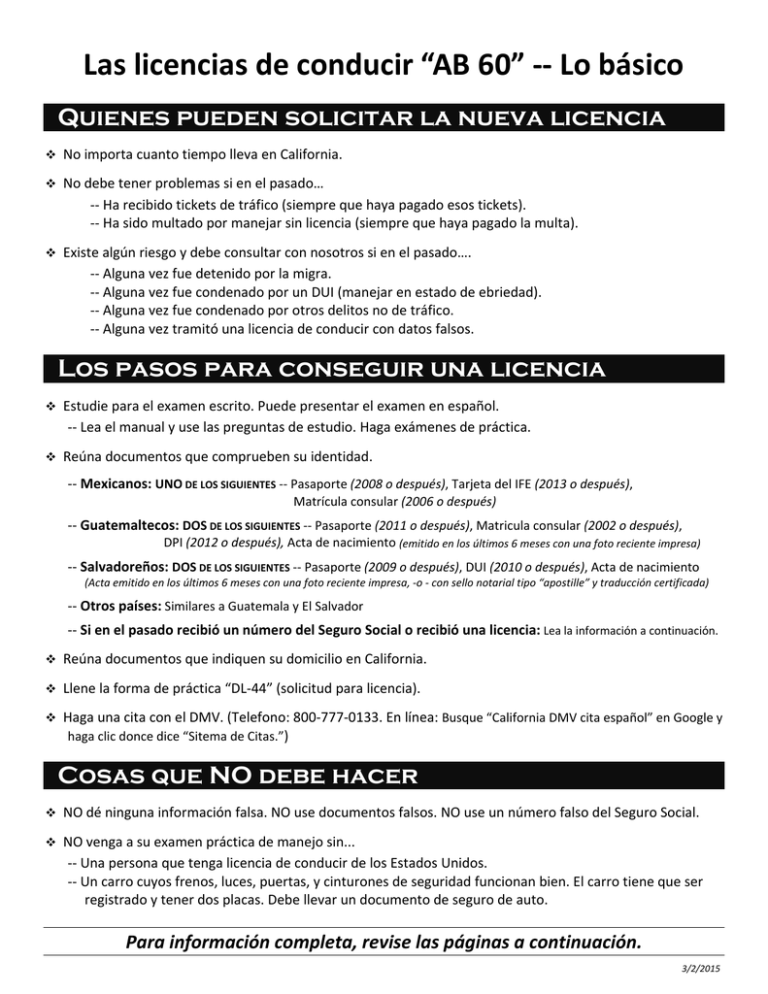 Las licencias de conducir “AB 60” -- Lo básico
