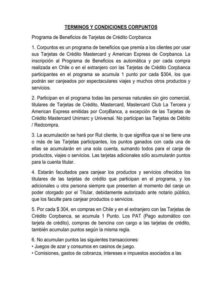 Terminos y Condiciones programa Puntos