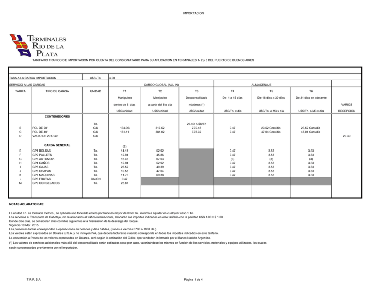 TARIFARIO DE IMPORTACION
