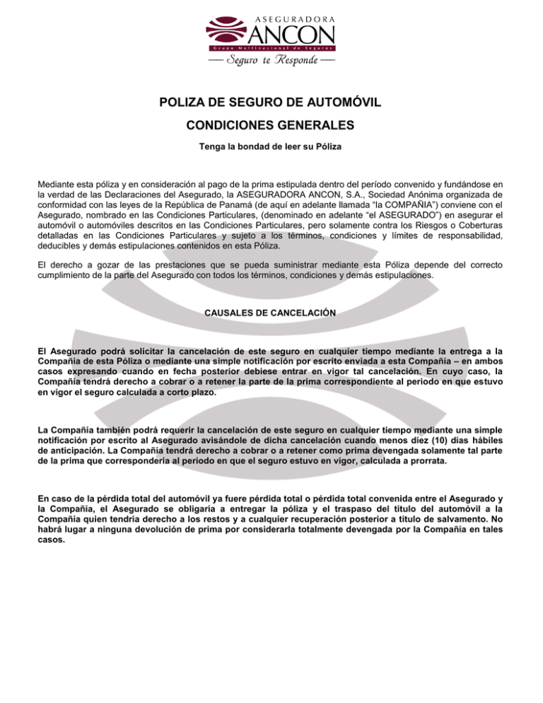POLIZA DE SEGURO DE AUTOMÓVIL CONDICIONES GENERALES