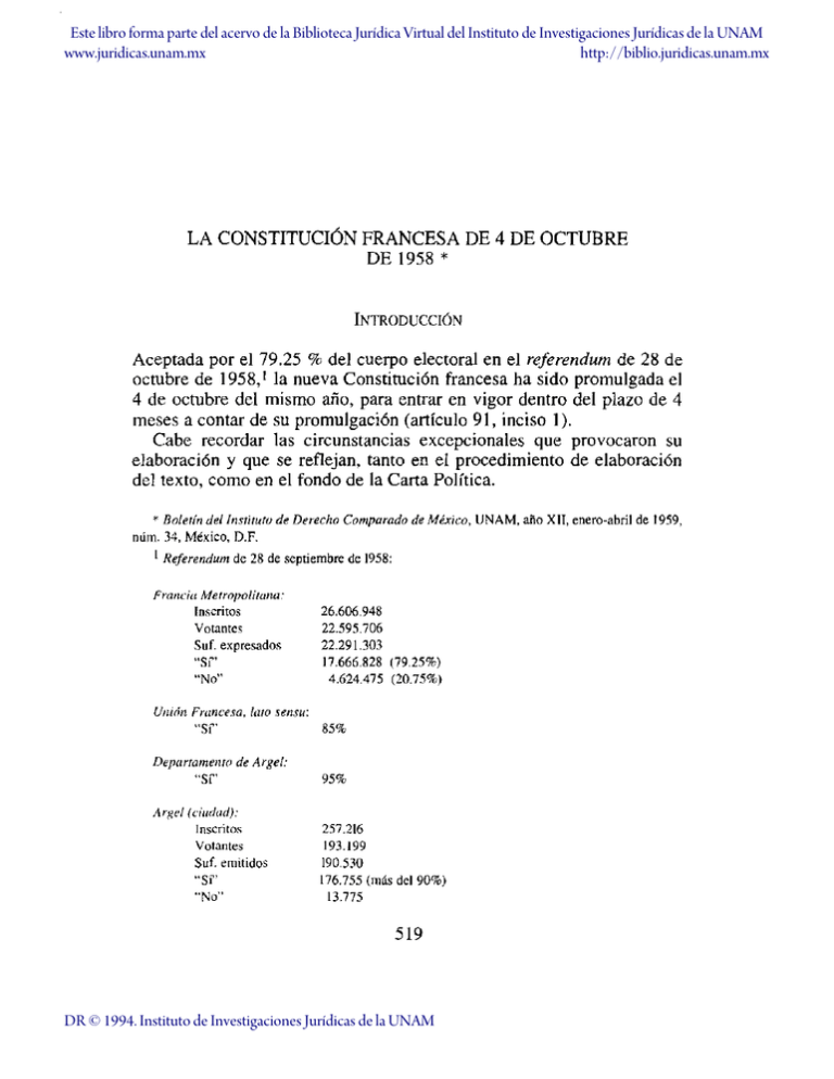 la constitución francesa de 4 de octubre de 1958 * 519