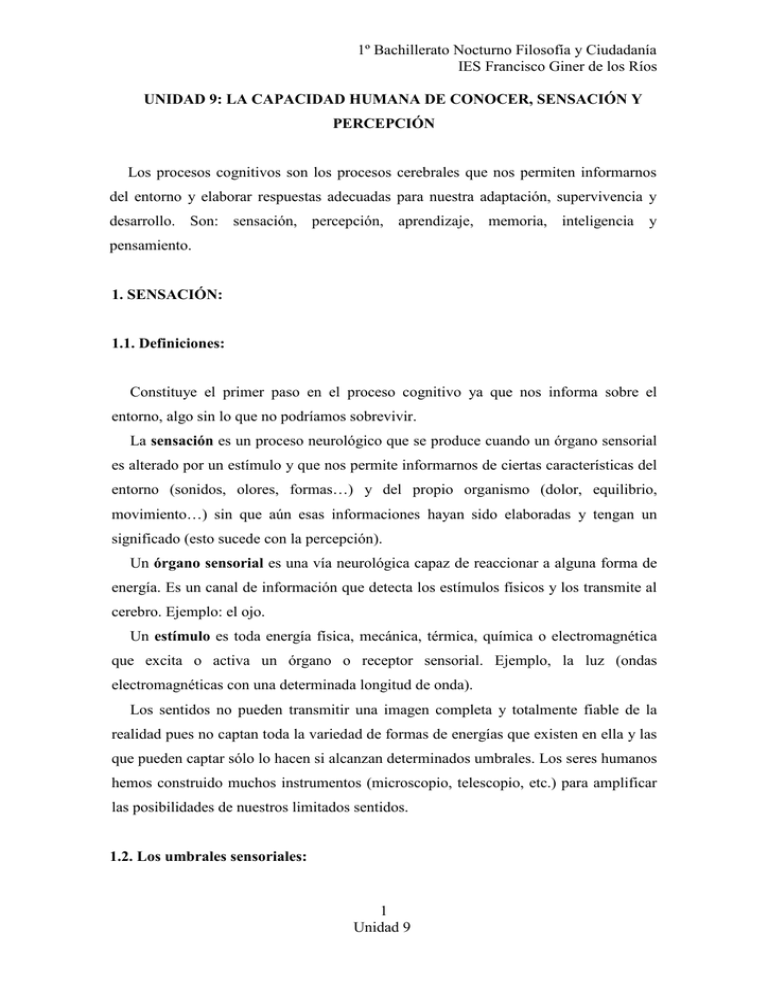 Unidad 9 La capacidad humana de conocer, sensación y percepción