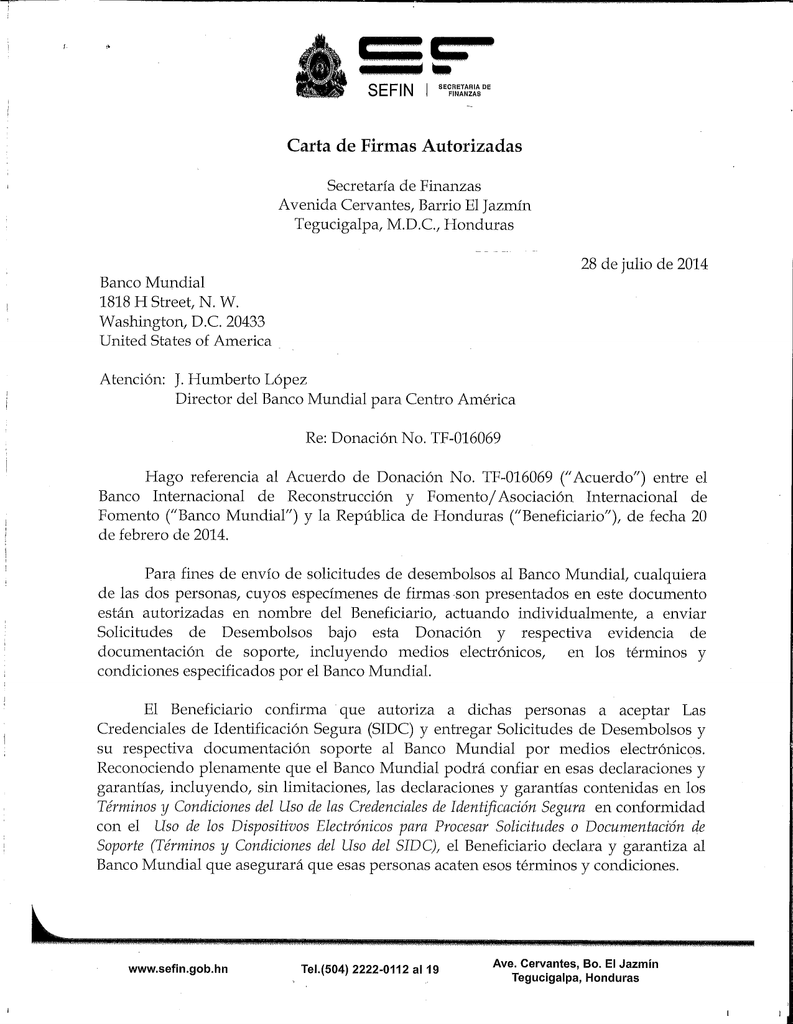 Carta de Firmas Autorizadas Secretaría de Finanzas