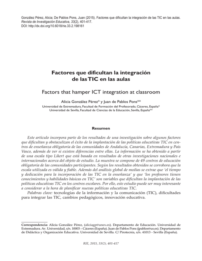 Factores que dificultan la integración de las TIC en las aulas Factors