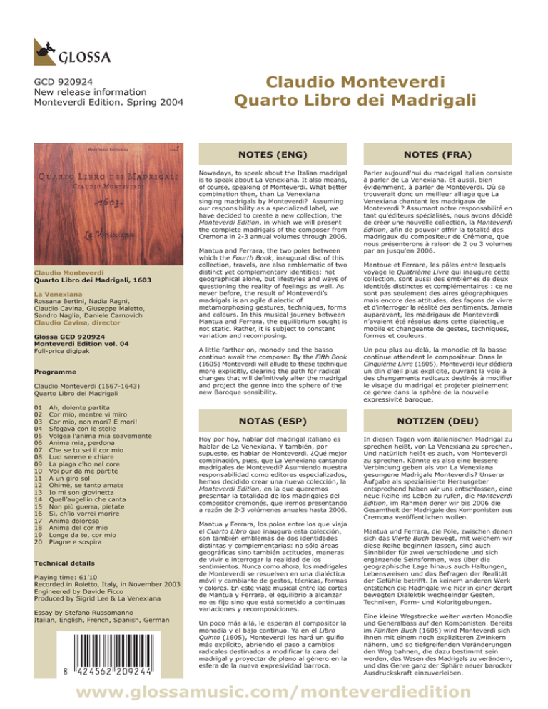 Claudio Monteverdi Quarto Libro dei Madrigali