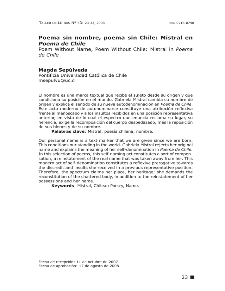 Mistral en Poema de Chile - Pontificia Universidad Católica de Chile