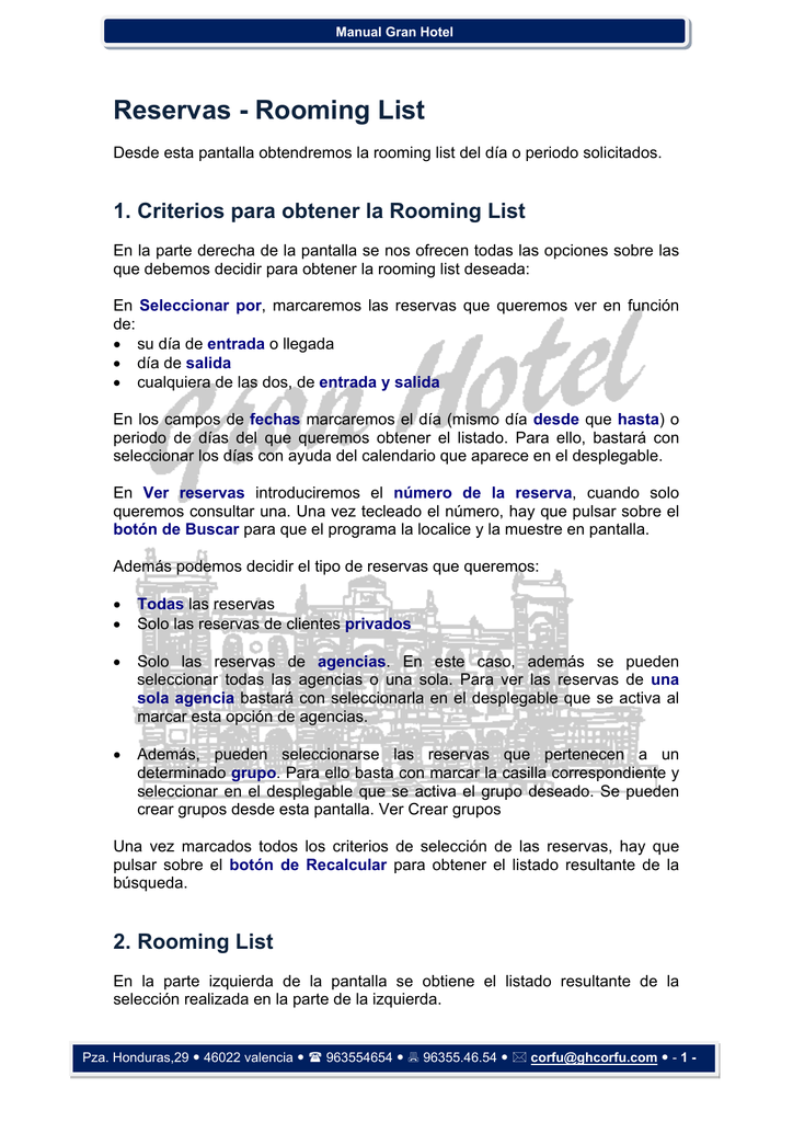 Reservas - Rooming List