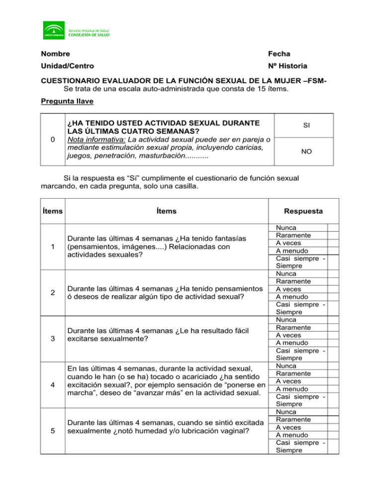 Cuestionario Evaluador De La Función Sexual De La Mujer Fsm