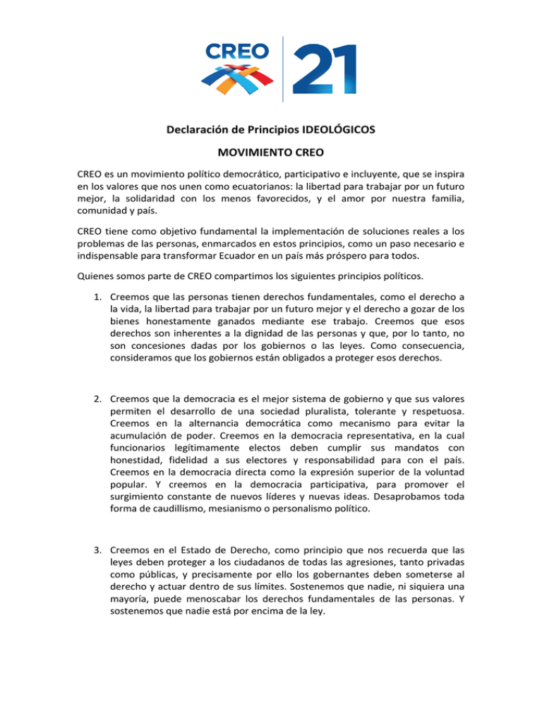 Declaración de Principios IDEOLÓGICOS MOVIMIENTO CREO