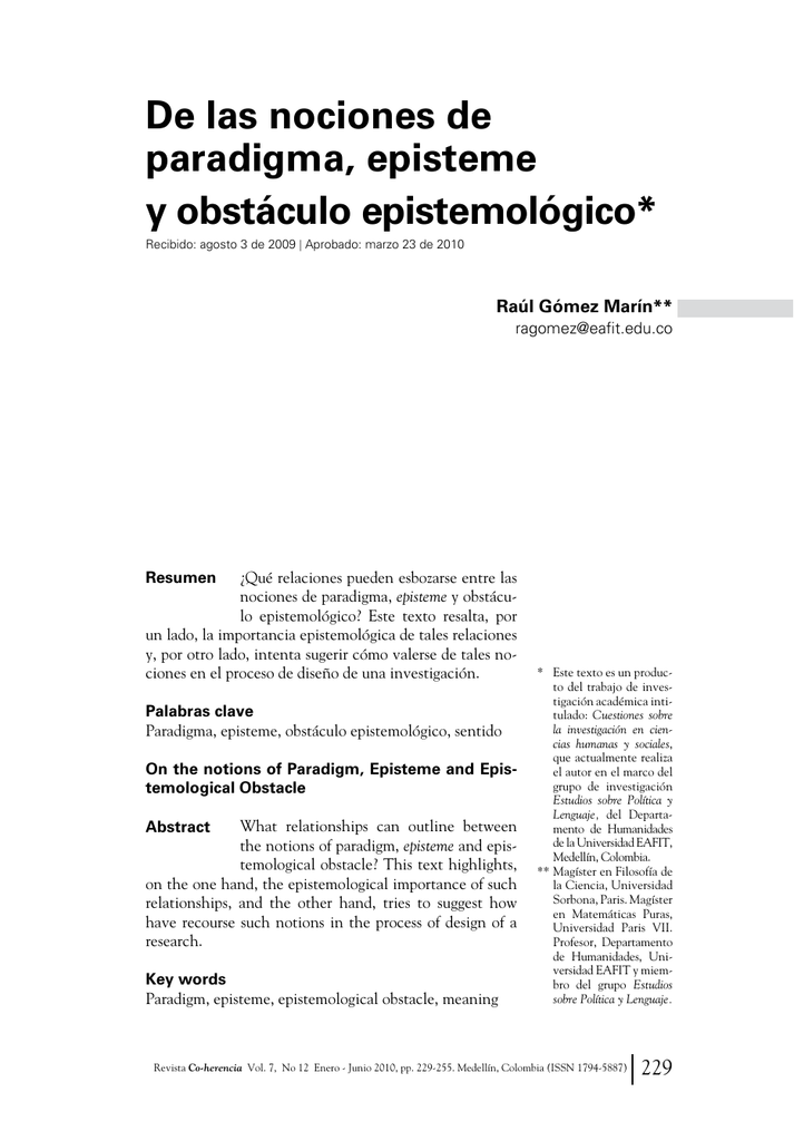 De las nociones de paradigma, episteme y obstáculo epistemológico*